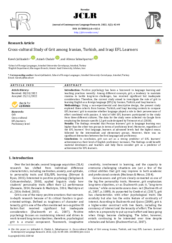 (PDF) Cross-cultural Study of Grit among Iranian, Turkish, and Iraqi ...
