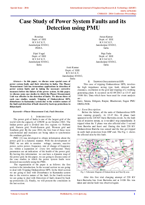 (PDF) Case Study of Power System Faults and its Detection using PMU