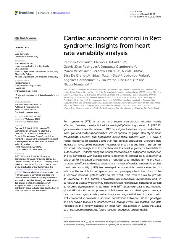 (PDF) Cardiac autonomic control in Rett syndrome: Insights from heart rate variability analysis ...