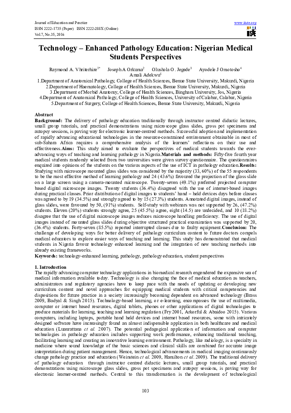 (PDF) Technology – Enhanced Pathology Education: Nigerian Medical Students Perspectives