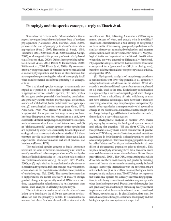 (PDF) Paraphyly and the species concept, a reply to Ebach & al