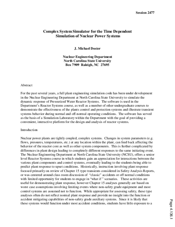 (PDF) Complex System Simulator For The Time Dependent Simulation Of Nuclear Power Systems