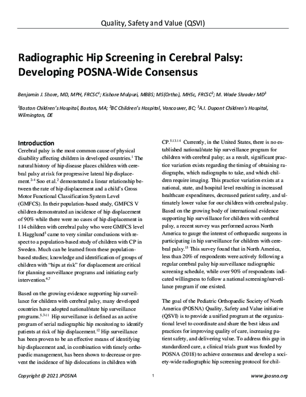 (PDF) Radiographic Hip Screening In Cerebral Palsy: Developing POSNA ...