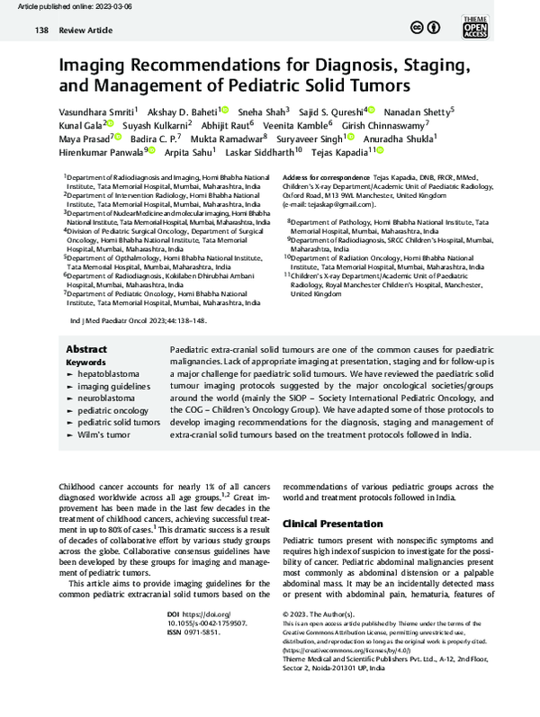 (PDF) Imaging Recommendations for Diagnosis, Staging, and Management of Pediatric Solid Tumors