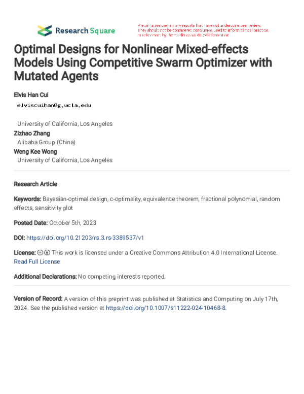(PDF) Optimal Designs for Nonlinear Mixed-effects Models Using Competitive Swarm Optimizer with ...