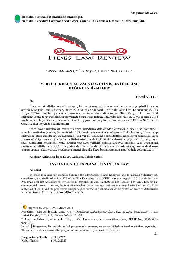 (PDF) Vergi̇ Hukukunda İzaha Davet Uygulamasi