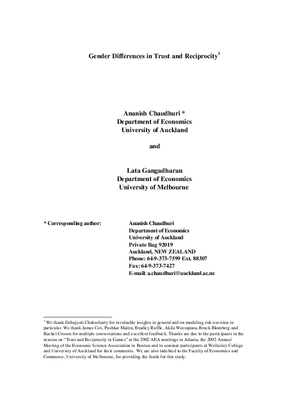 (PDF) Gender Differences in Trust and Reciprocity