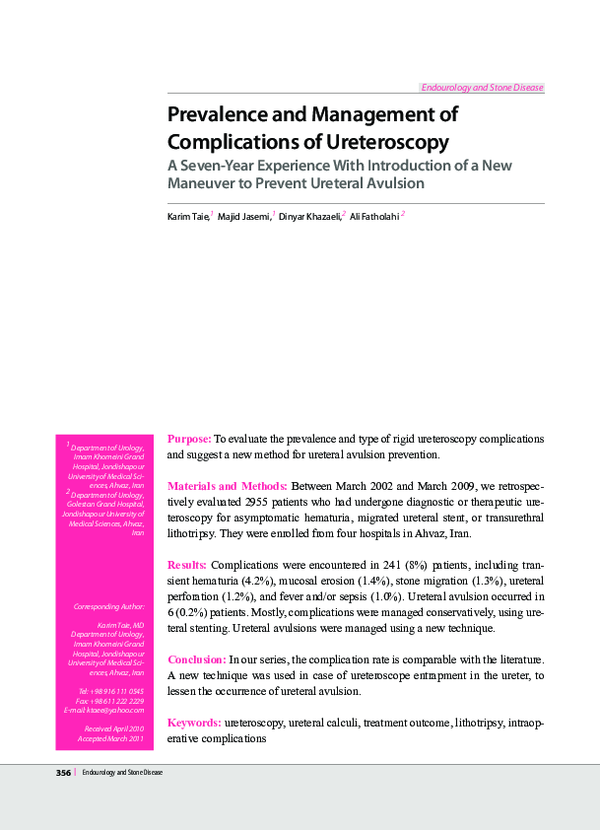 (PDF) Prevalence and management of complications of ureteroscopy: a ...