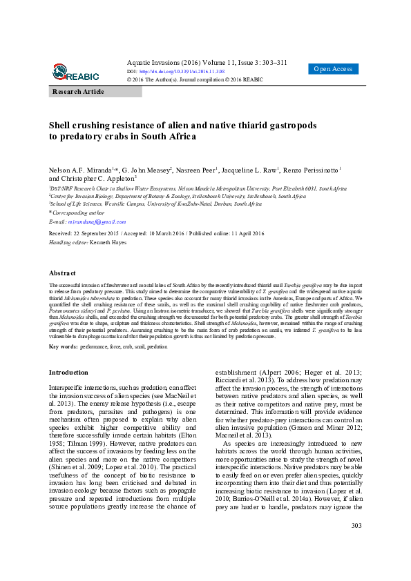 (PDF) Shell crushing resistance of alien and native thiarid gastropods ...