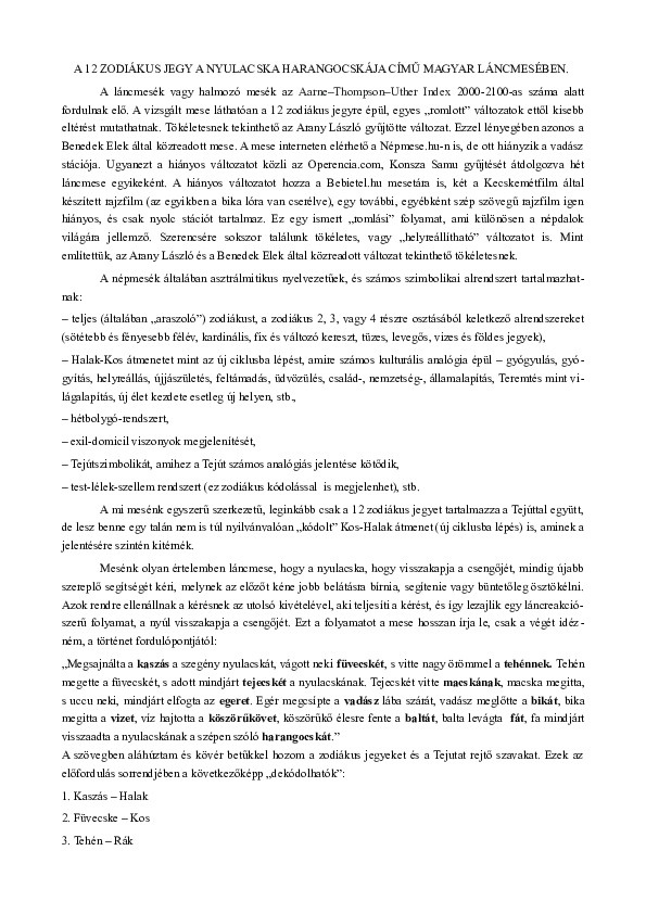 (PDF) A 12 ZODIÁKUS JEGY A NYULACSKA HARANGOCSKÁJA CÍMŰ MAGYAR LÁNCMESÉBEN. | László Waszlavik ...