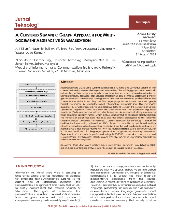 (PDF) A Clustered Semantic Graph Approach for Multi-Document Abstractive Summarization