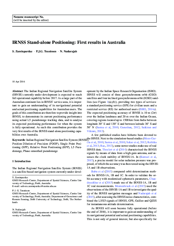 (PDF) IRNSS stand-alone positioning: first results in Australia