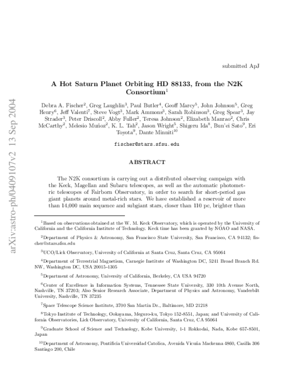 (PDF) A Hot Saturn Planet Orbiting HD 88133, from the N2K Consortium ...