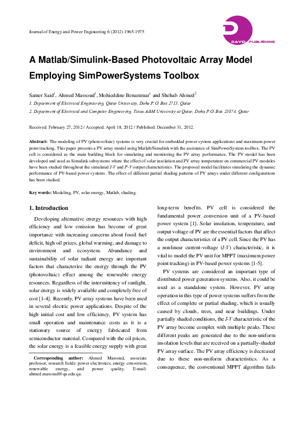 (PDF) A Matlab/Simulink-Based Photovoltaic Array Model Employing SimPowerSystems Toolbox
