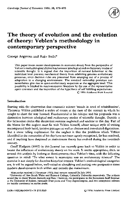 (PDF) The theory of evolution and the evolution of theory: Veblen's ...