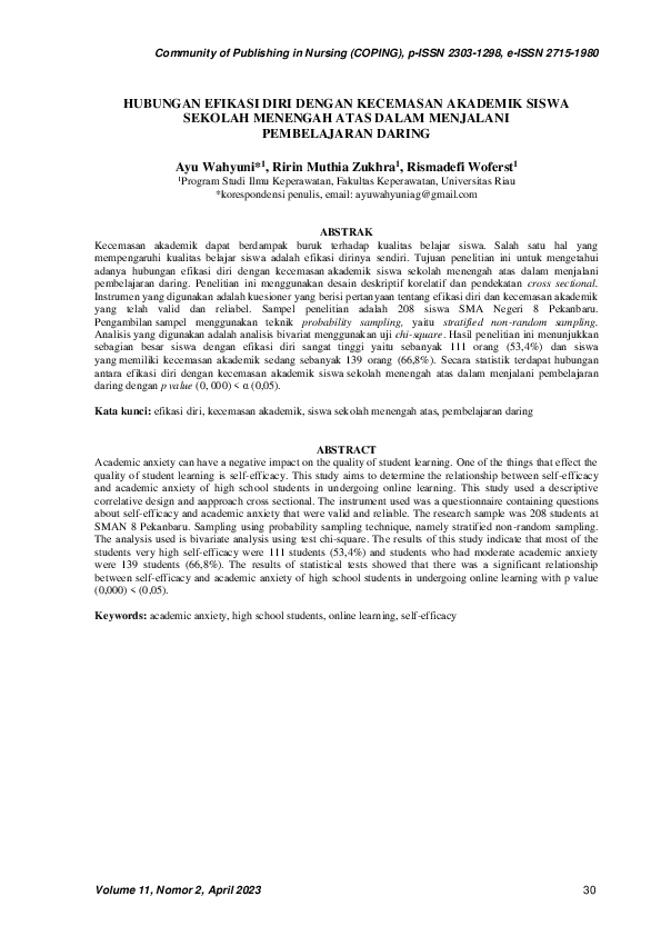 (PDF) Hubungan Efikasi Diri Dengan Kecemasan Akademik Siswa Sekolah Menengah Atas Dalam ...