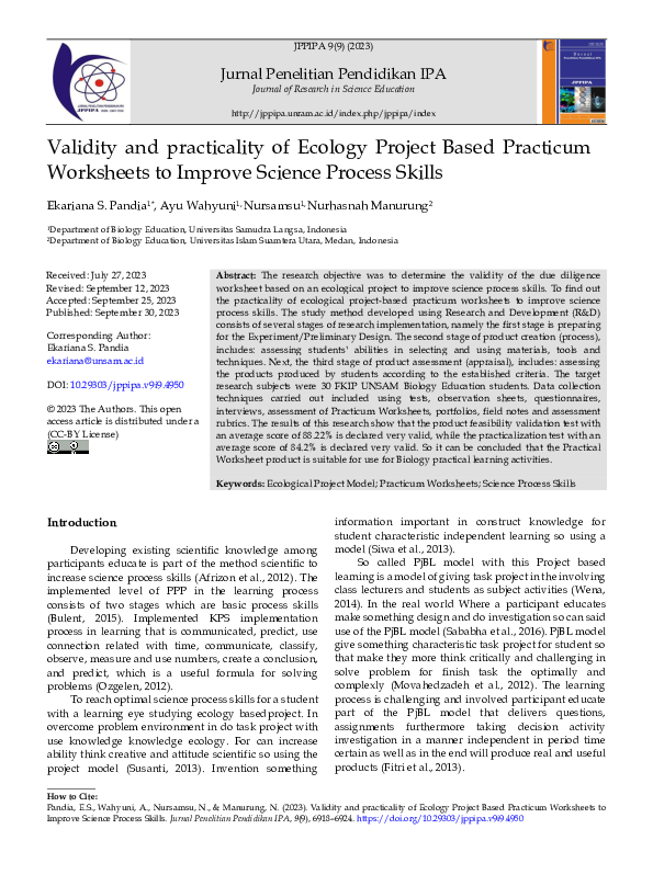 (PDF) Validity and practicality of Ecology Project Based Practicum Worksheets to Improve Science ...