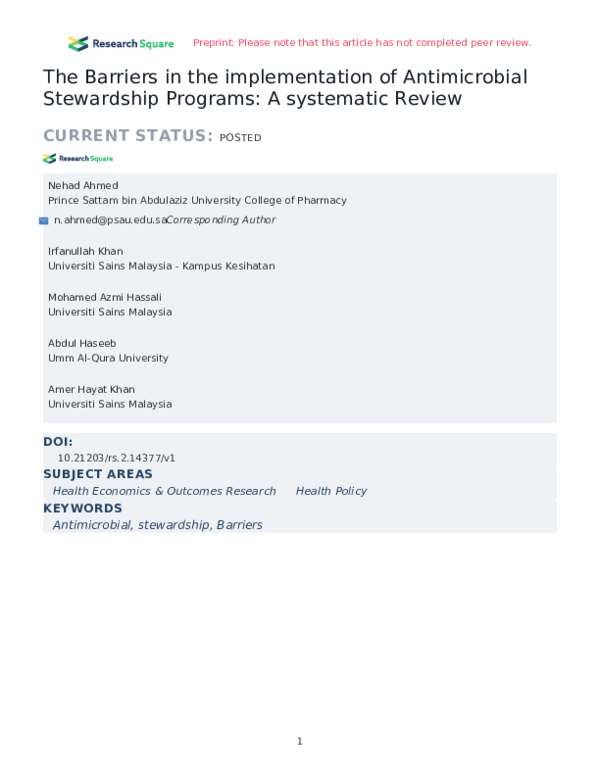 (PDF) The Barriers in the implementation of Antimicrobial Stewardship Programs: A systematic Review