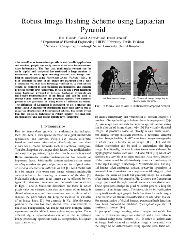 (PDF) Robust Image Hashing Scheme using Laplacian Pyramids | hira hamid - Academia.edu
