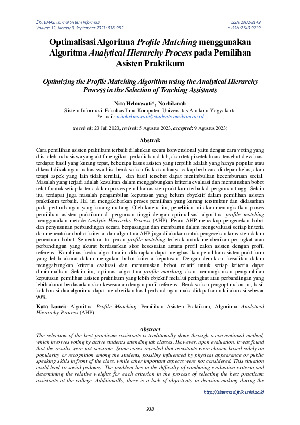 (PDF) Optimizing the Profile Matching Algorithm using the Analytical Hierarchy Process in the ...