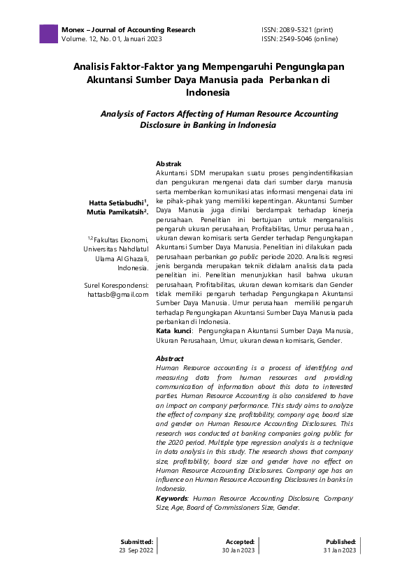 (PDF) Analisis Faktor-Faktor yang mempengaruhi Pengungkapan Akuntansi Sumber Daya Manusia pada ...