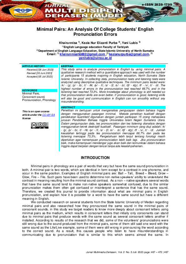 (PDF) Minimal Pairs: An Analysis Of College Students' English ...