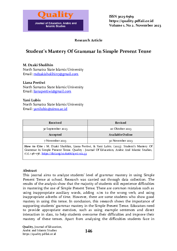 (PDF) Student’s Mastery Of Grammar In Simple Present Tense