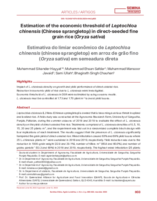 (PDF) Economic Threshold of Leptochloa chinensis in Rice Cultivation