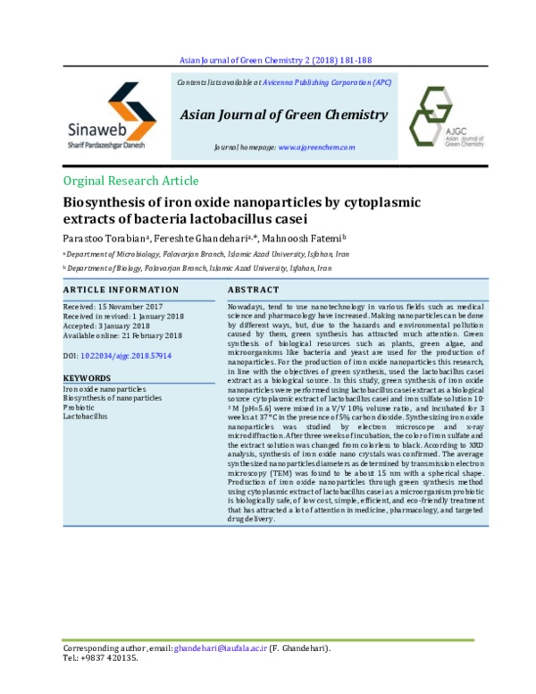 (PDF) Biosynthesis of iron oxide nanoparticles by cytoplasmic extracts of bacteria lactobacillus ...