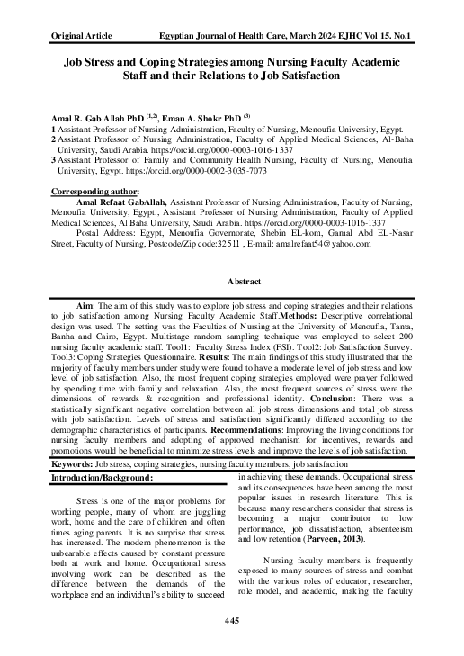 (PDF) Job Stress and Coping Strategies among Nursing Faculty Academic Staff and their Relations ...