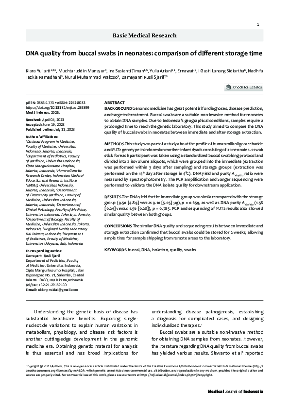 (PDF) DNA quality from buccal swabs in neonates: comparison of ...