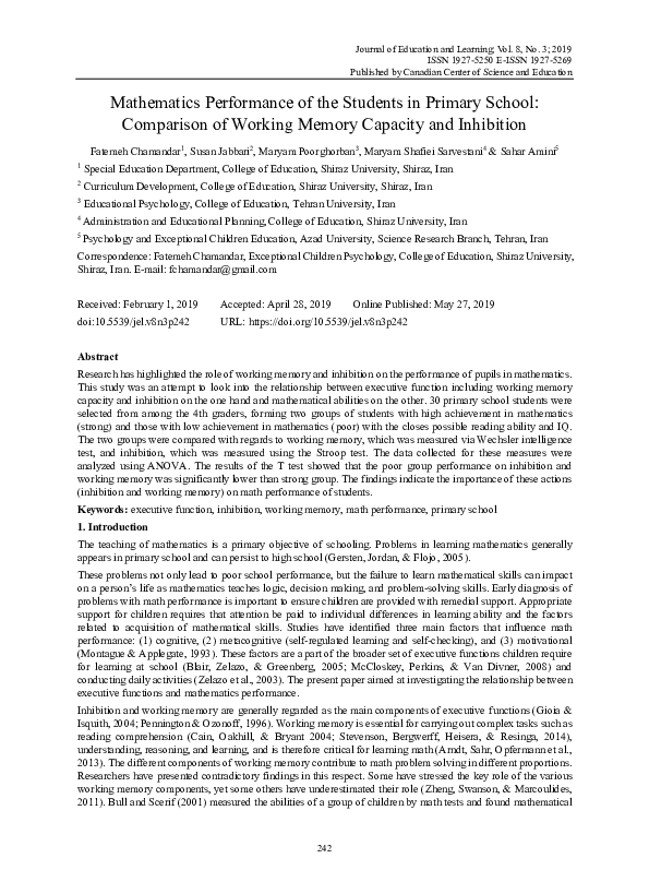 (PDF) Mathematics Performance of the Students in Primary School: Comparison of Working Memory ...