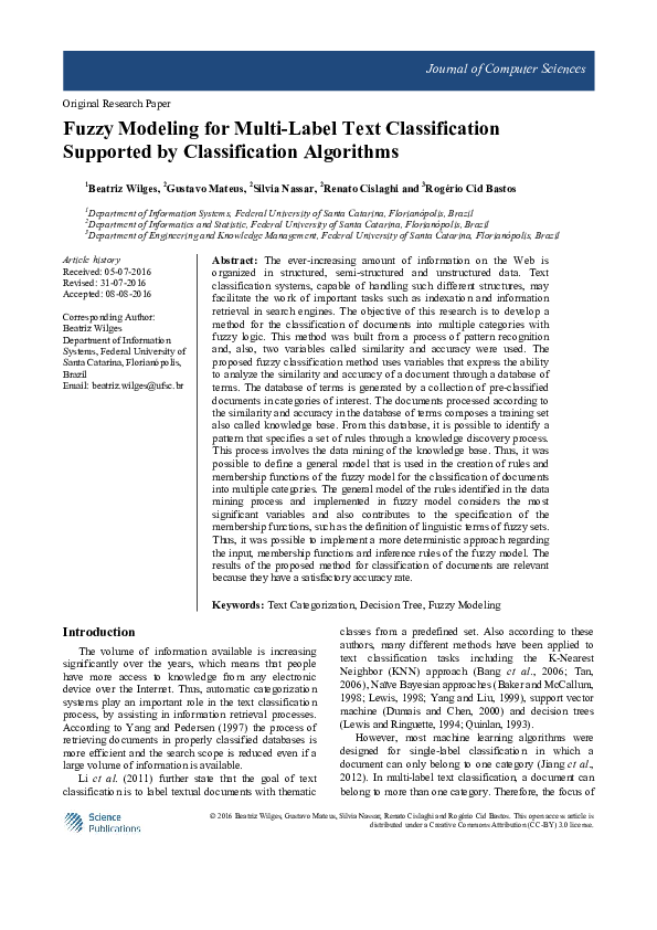 Pdf Fuzzy Modeling For Multi Label Text Classification Supported By Classification Algorithms
