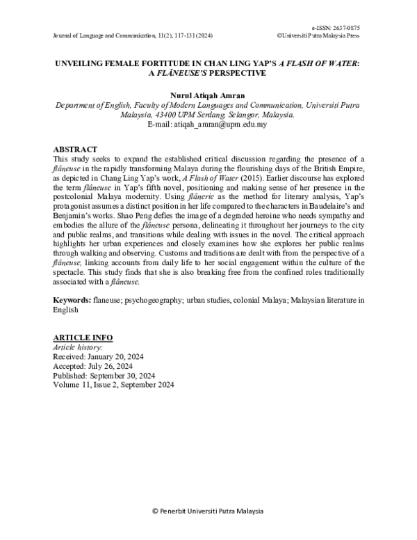 (PDF) UNVEILING FEMALE FORTITUDE IN CHAN LING YAP'S A FLASH OF WATER: A ...
