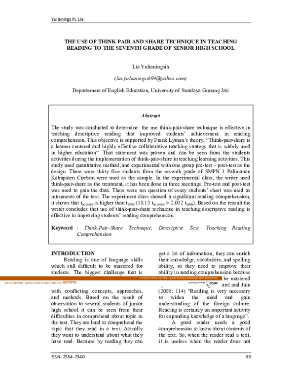 (PDF) The Use of Think Pair and Share Technique in Teaching Reading to the Seventh Grade of ...