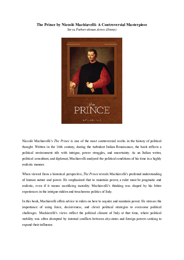 (PDF) The Prince by Niccolò Machiavelli: A Controversial Masterpiece