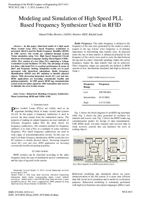 (PDF) Modeling and Simulation of High Speed PLL Based Frequency Synthesizer Used in RFID