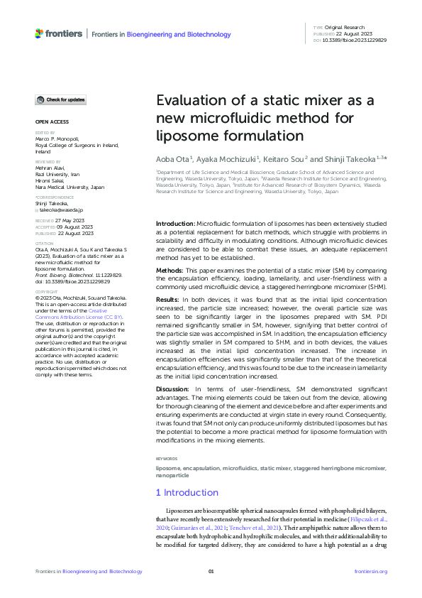 (PDF) Evaluation of a static mixer as a new microfluidic method for liposome formulation