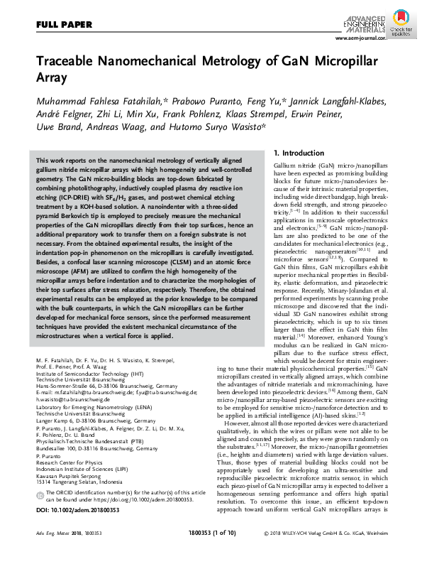 (PDF) Traceable Nanomechanical Metrology of GaN Micropillar Array