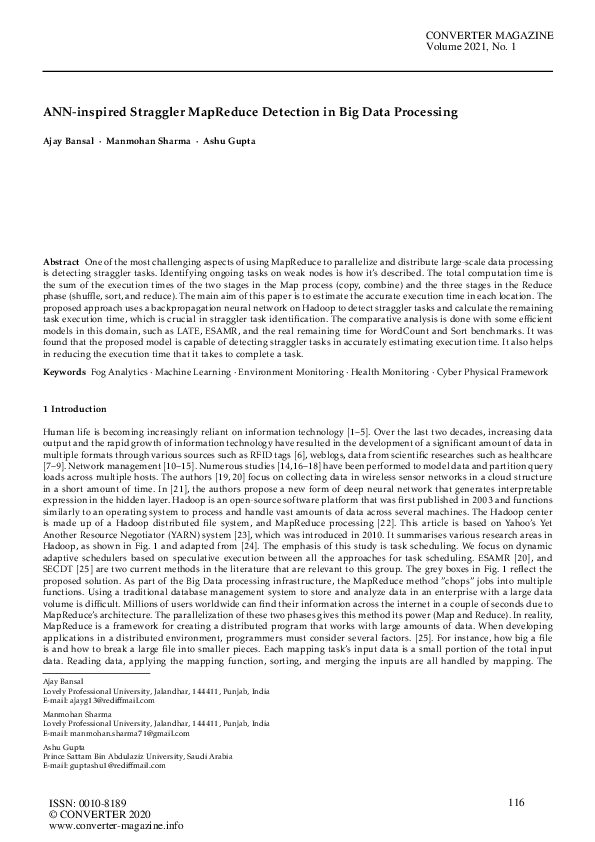 (PDF) ANN-inspired Straggler Map Reduce Detection in Big Data Processing
