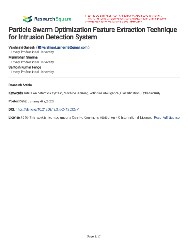 (PDF) Particle Swarm Optimization Feature Extraction Technique for Intrusion Detection System