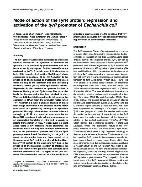 (PDF) Mode of action of the TyrR protein: repression and activation of ...
