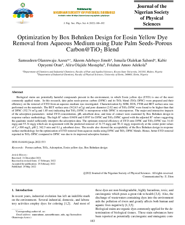 (PDF) Optimization by Box Behnken Design for Eosin Yellow Dye Removal from Aqueous Medium using ...