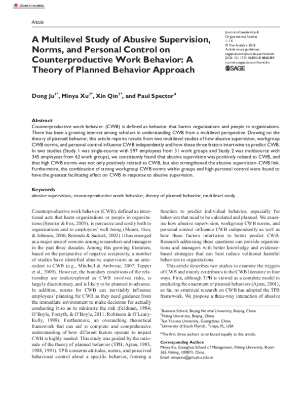 (PDF) A Multilevel Study of Abusive Supervision, Norms, and Personal Control on ...