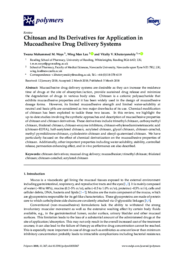 (PDF) Chitosan and Its Derivatives for Application in Mucoadhesive Drug ...