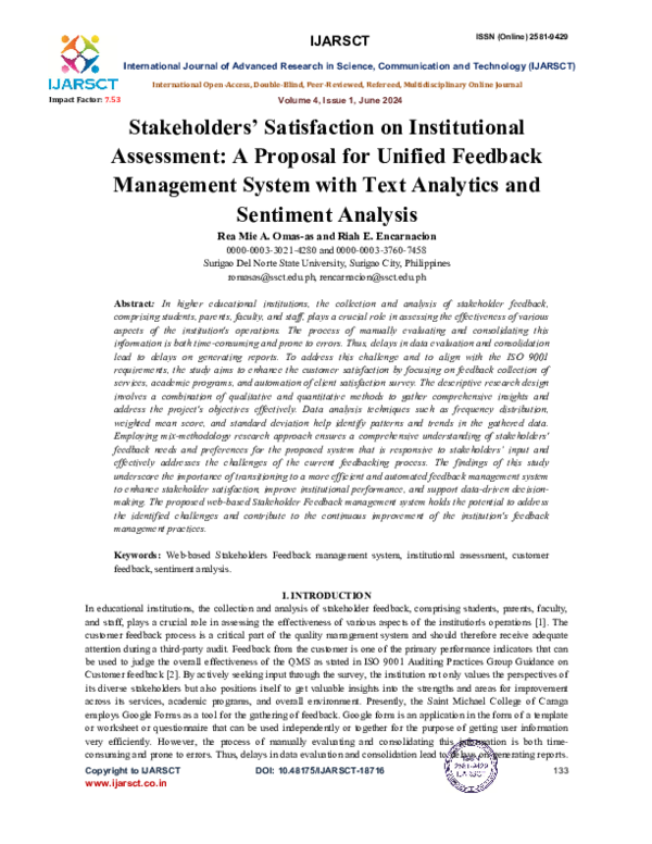 (PDF) Stakeholders’ Satisfaction on Institutional Assessment: A Proposal for Unified Feedback ...