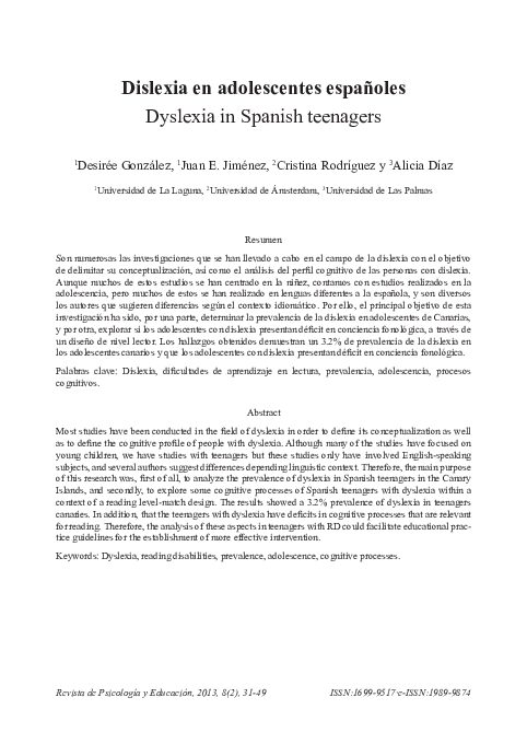 (PDF) Dislexia en adolescentes españoles Dyslexia in Spanish teenagers