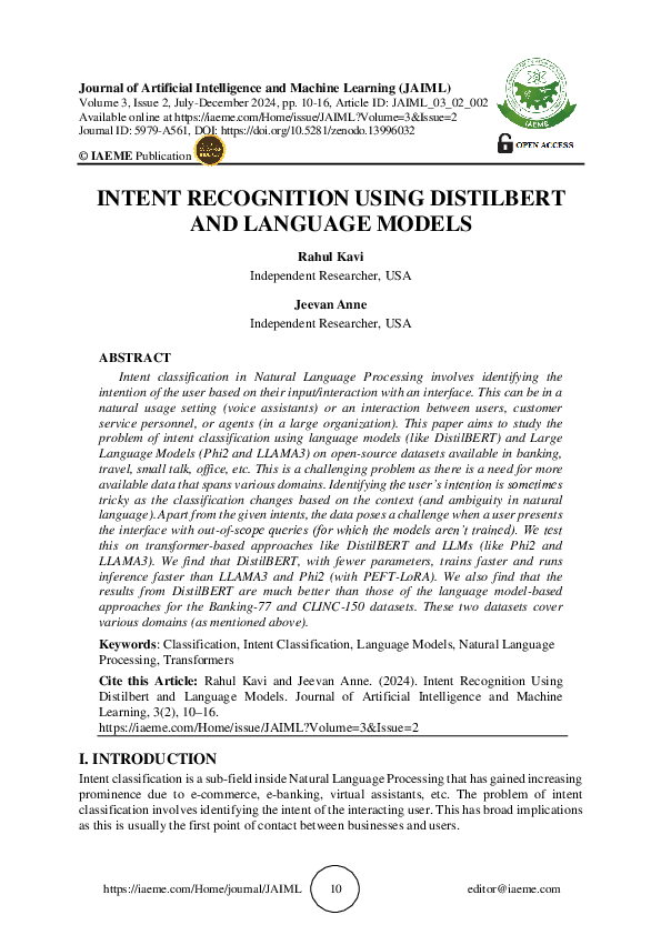 (PDF) INTENT RECOGNITION USING DISTILBERT AND LANGUAGE MODELS