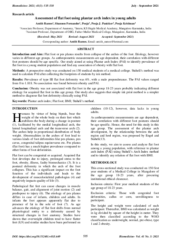 (PDF) Assessment of flat foot using plantar arch index in young adults