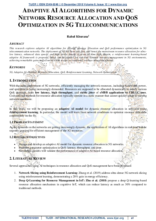 Pdf Adaptive Ai Algorithms For Dynamic Network Resource Allocation And Qos Optimization In 5g